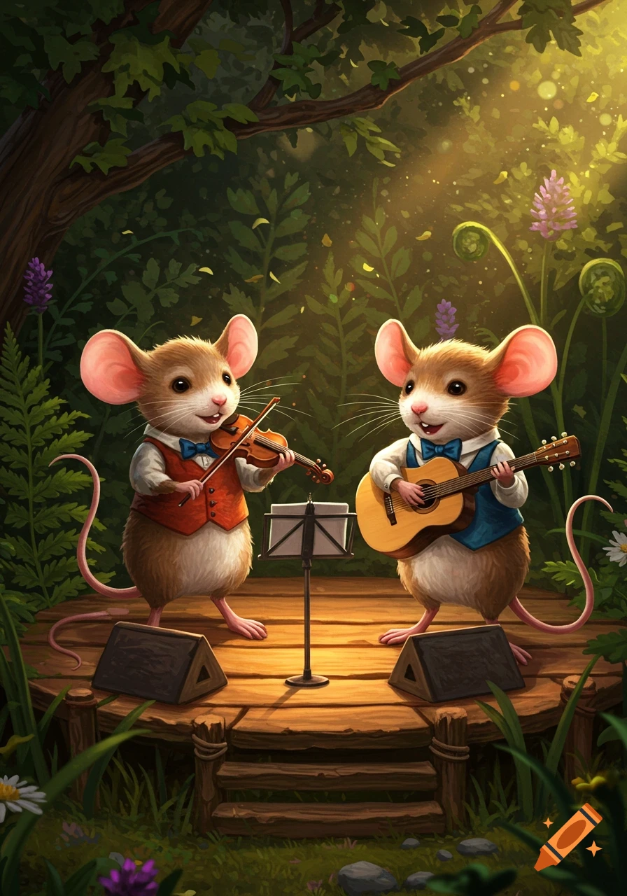 Two cute mouse musicians play a violin and guitar on a wooden stage in ...