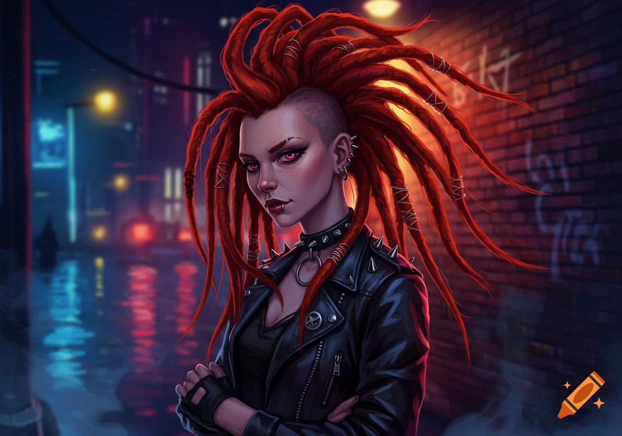 Stylized digital art of a punk woman with red dreadlocks, pink eyes ...