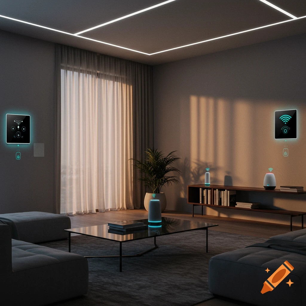 A modern living room at dusk with smart home control panels on the ...