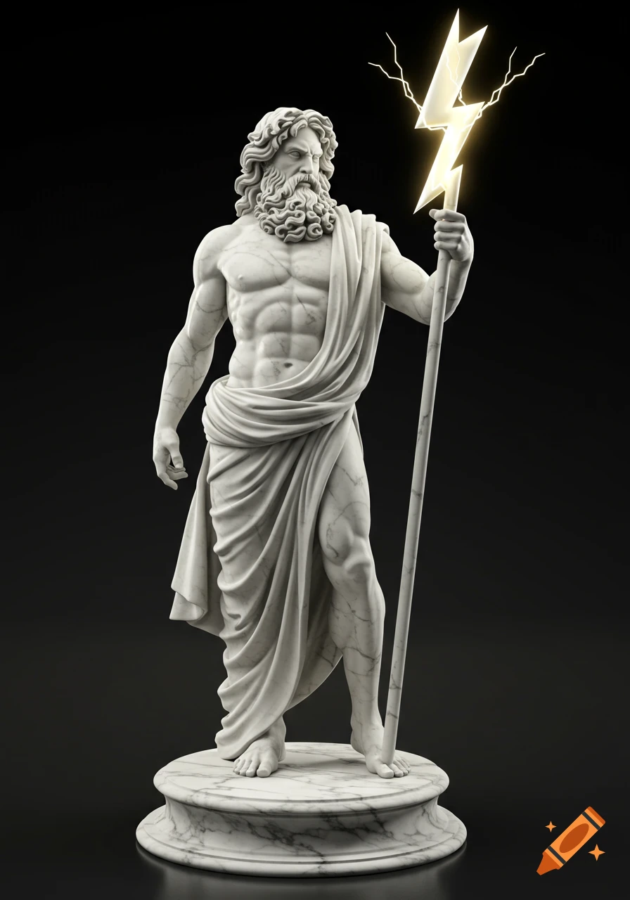 Photorealistic marble statue of a bearded Zeus holding a glowing ...