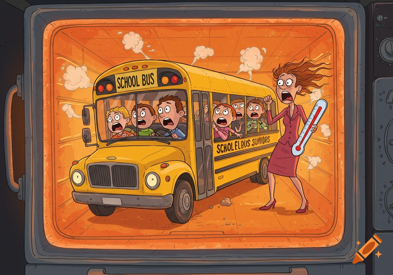 Cartoon of a school bus with scared children inside an overheating oven, a panicked teacher ...