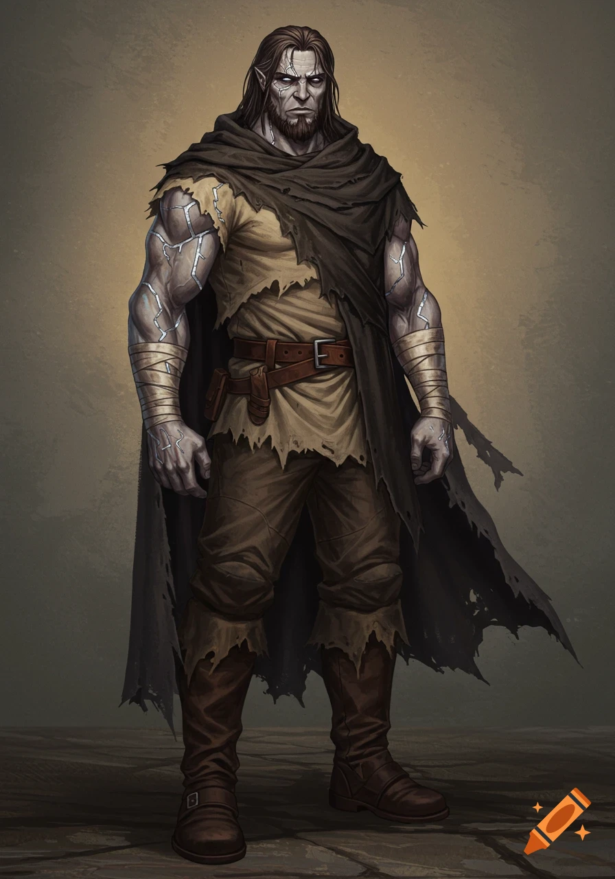 A towering fantasy humanoid with pale gray cracked skin, dark hair, a ...