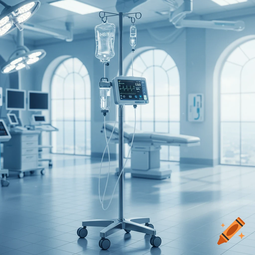 A clean, modern operating room with a surgical table, overhead lights ...