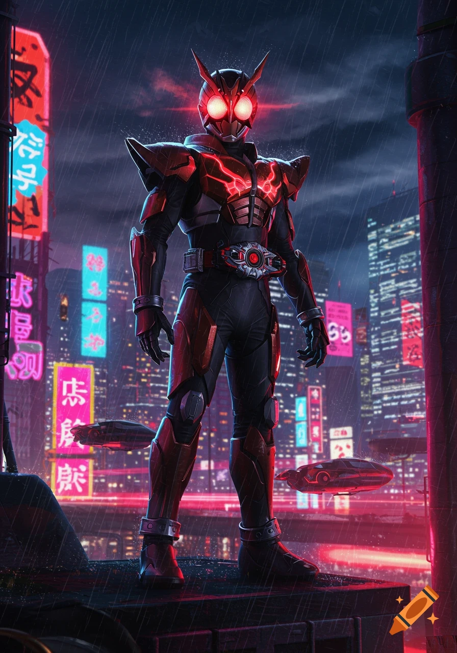 A duck-themed Kamen Rider in black and silver armor with blue feathers ...