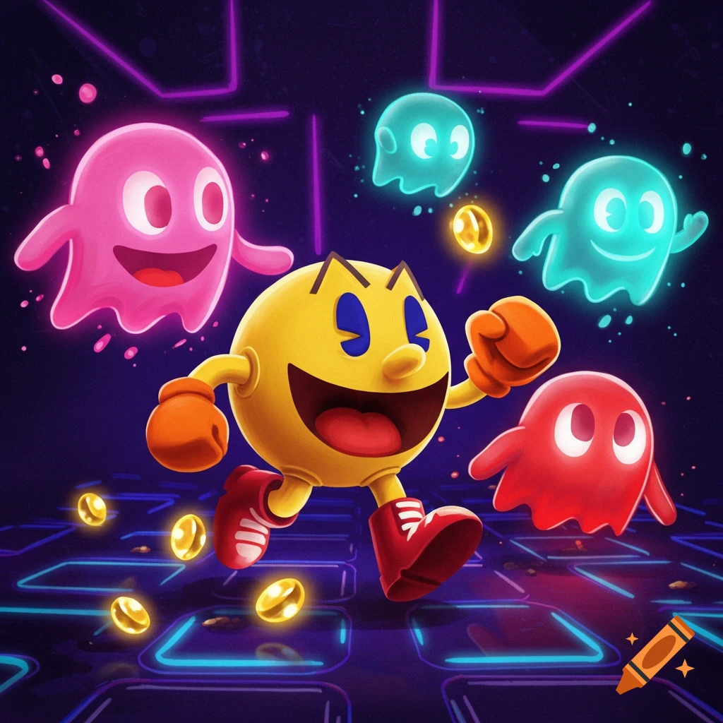 3D Pac-Man bursting through a shattered Apple logo on a modern glass ...