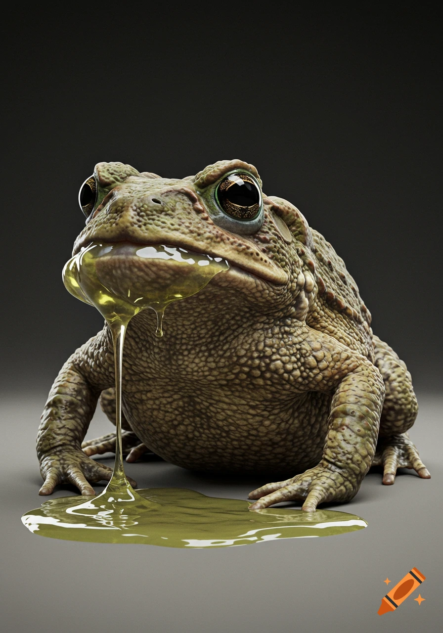 A hyper-realistic toad with prominent eyes and bumpy skin, drooling a ...