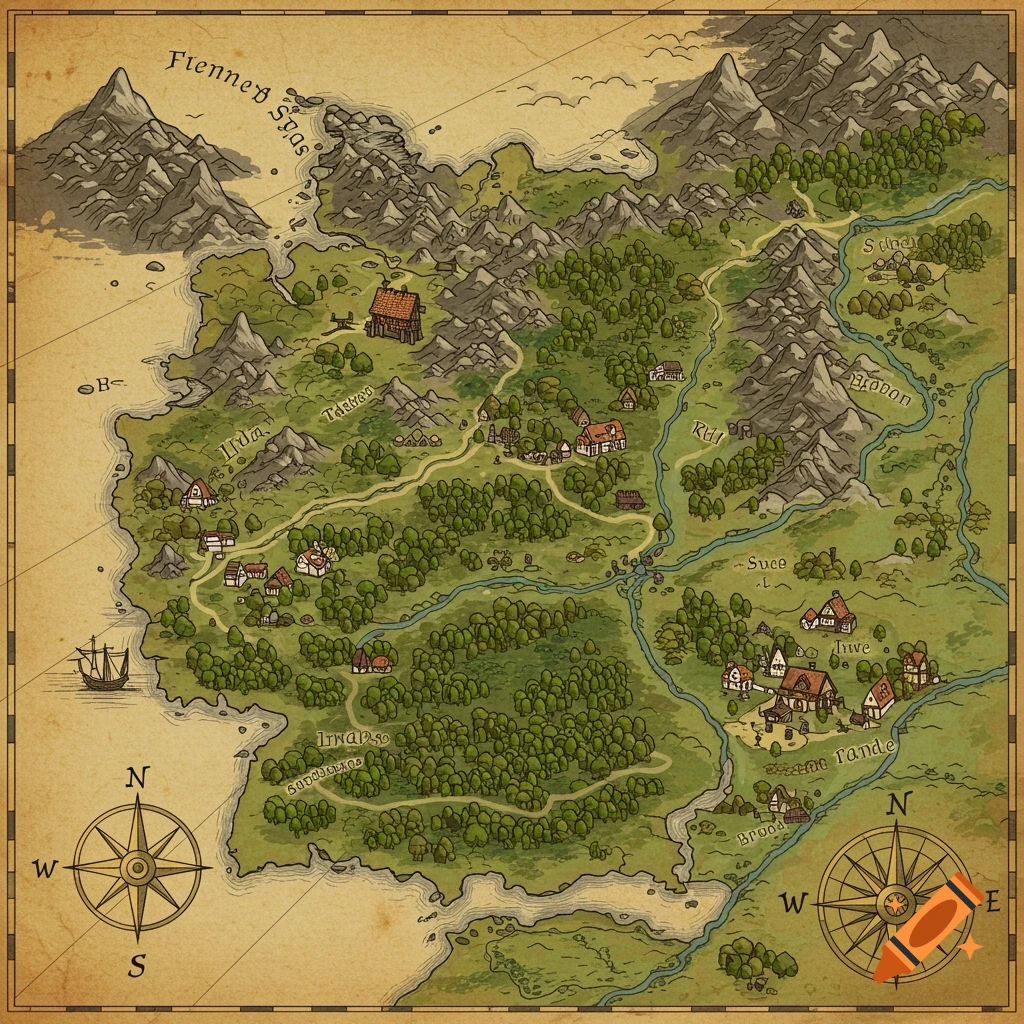 An overhead view of a detailed fantasy island map with mountains ...