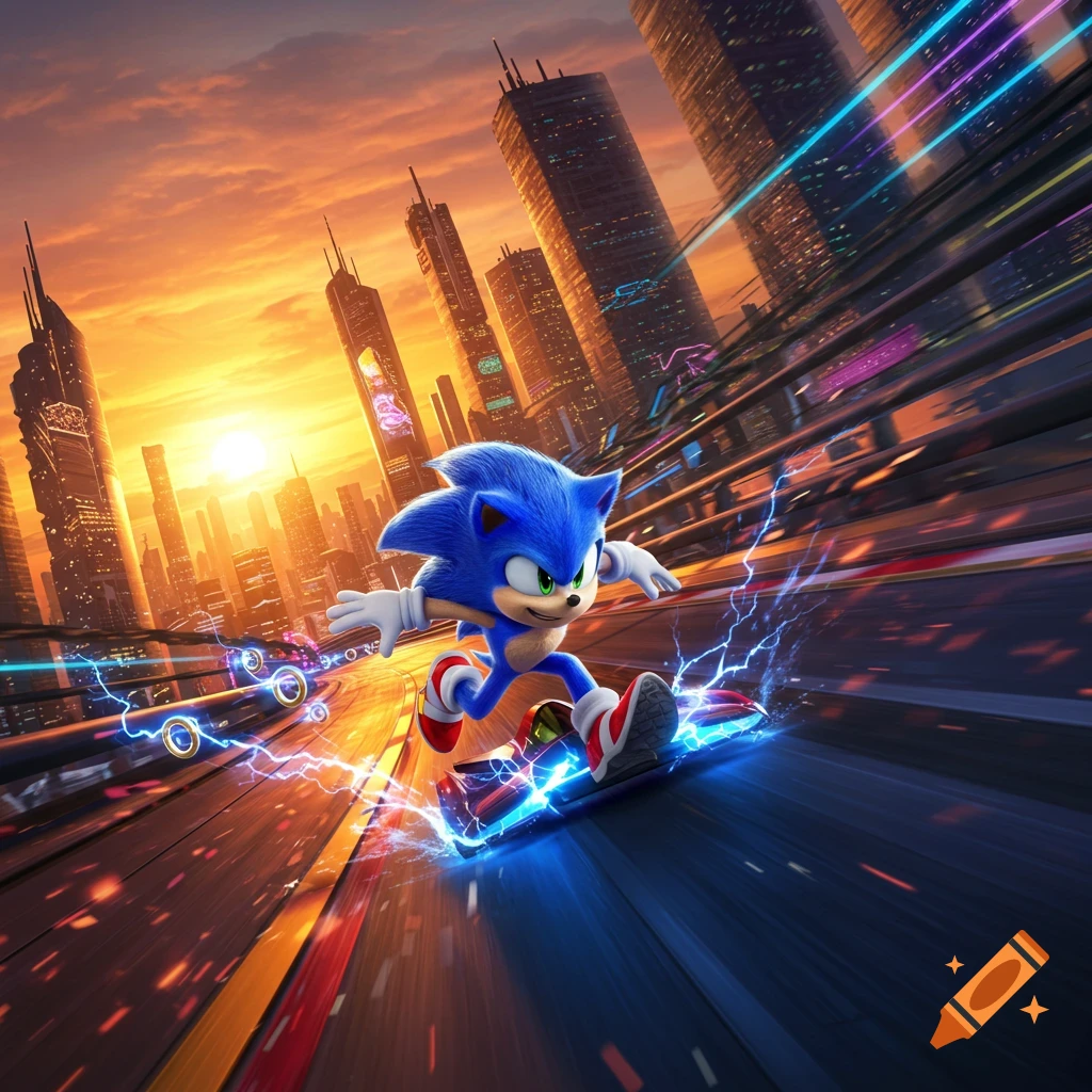 Sonic the Hedgehog runs at super speed, leaving a blue lightning trail ...