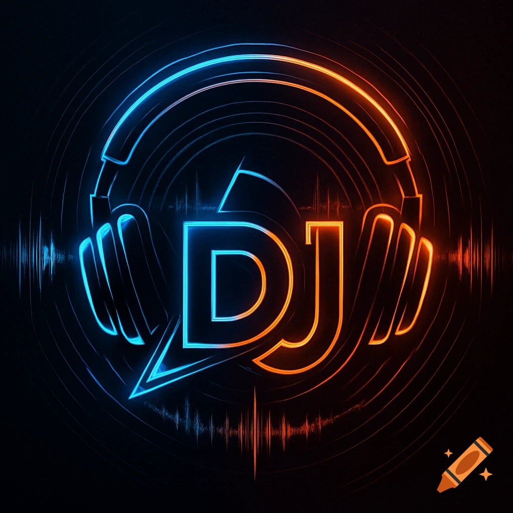 A glowing neon logo featuring headphones and the letters 'DJ' in blue ...