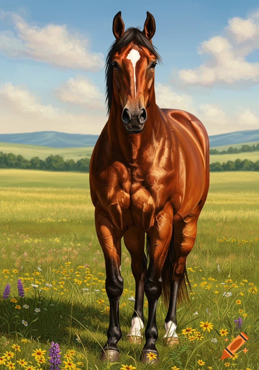 A brown horse and a dappled grey horse pass each other in a grassy ...