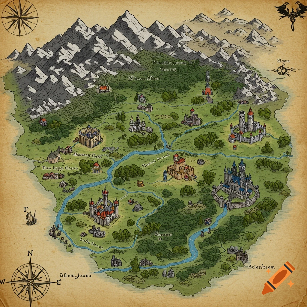 A fantasy map depicting a realm with diverse biomes, including fiery ...