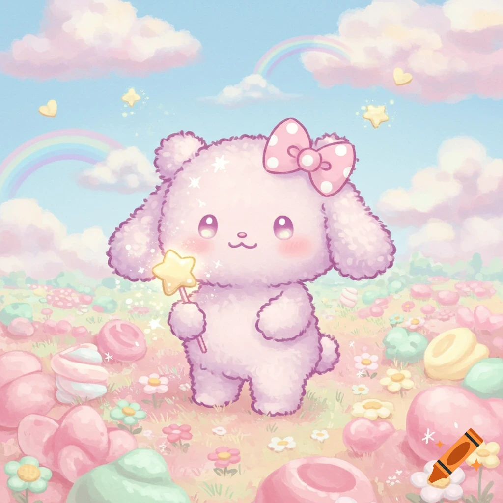 A fluffy pink Sanrio-style character with a pink polka-dot bow holds a ...