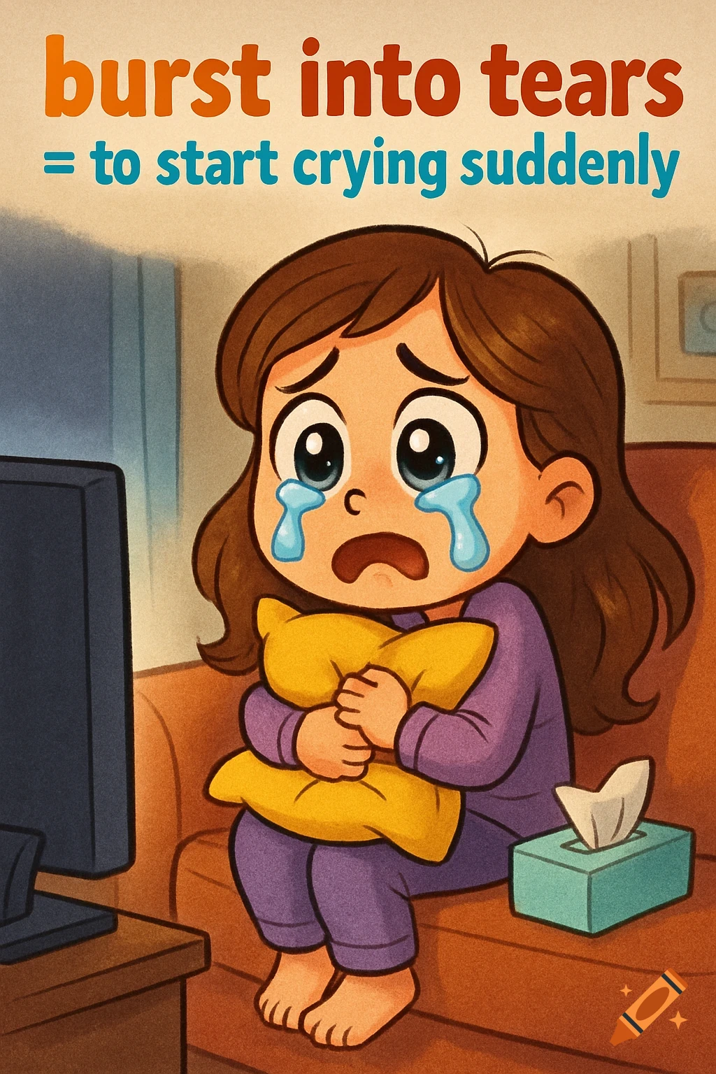 A cartoon girl sits on a couch, holding a yellow pillow and crying ...