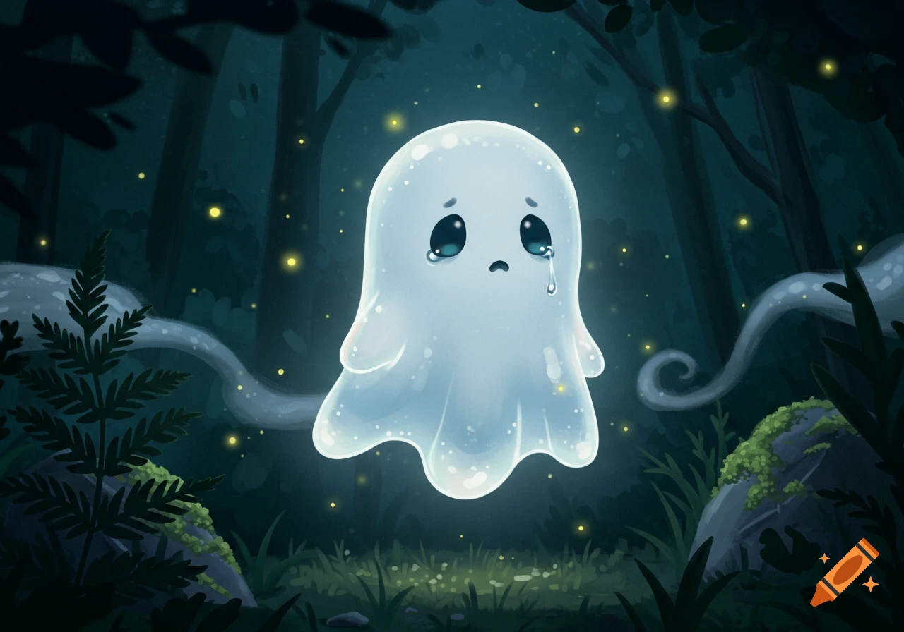 A glowing white cartoon ghost with a prominent nose and rosy cheeks ...