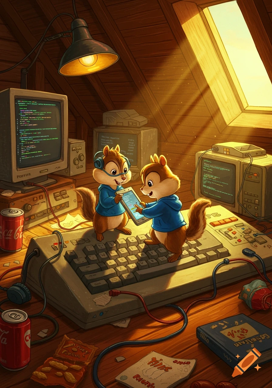 Cartoon image of two chipmunks in blue hoodies using a tablet and ...