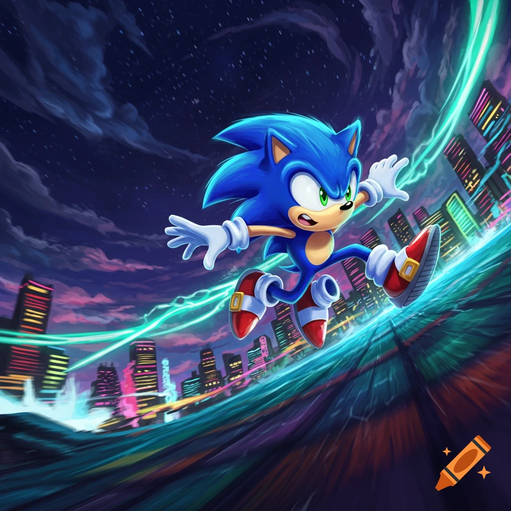 Sonic the Hedgehog leaps over a glowing futuristic city at night ...