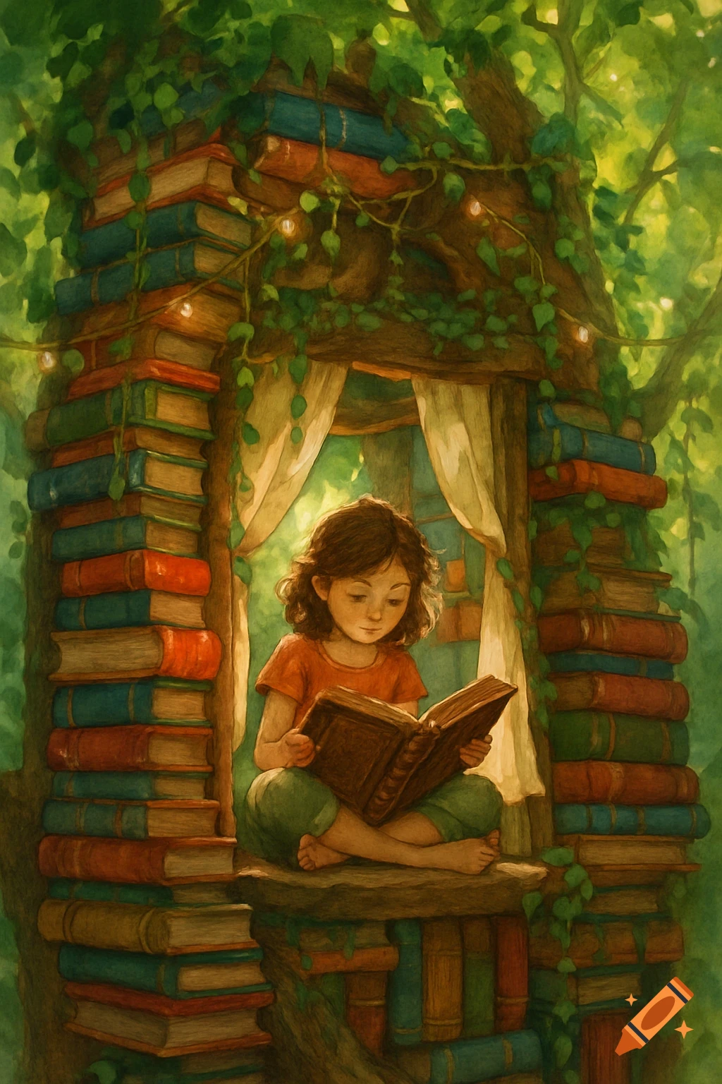An illustration of a girl with curly brown hair reading a book while ...