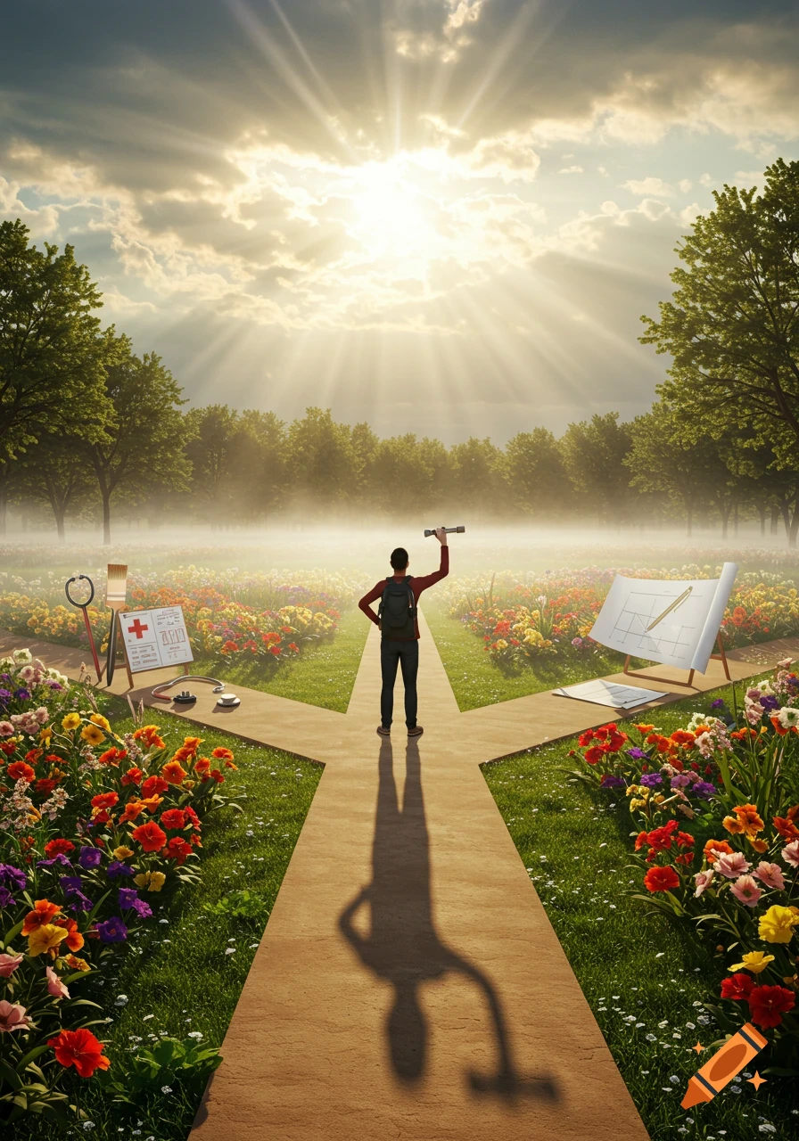 Double exposure image of a child walking on a cobblestone path between ...