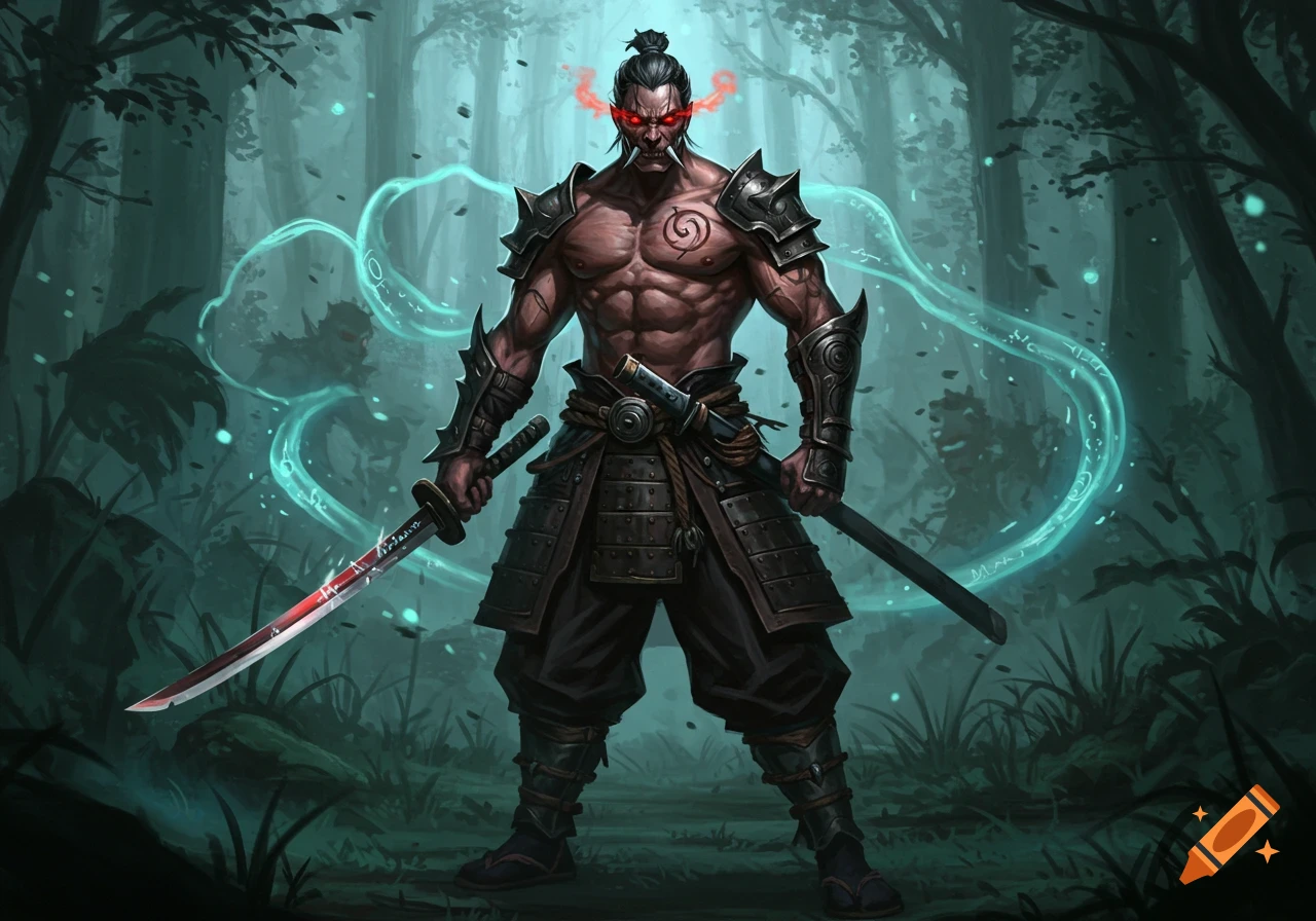 A muscular, red-eyed demon slayer warrior with two swords and dark ...