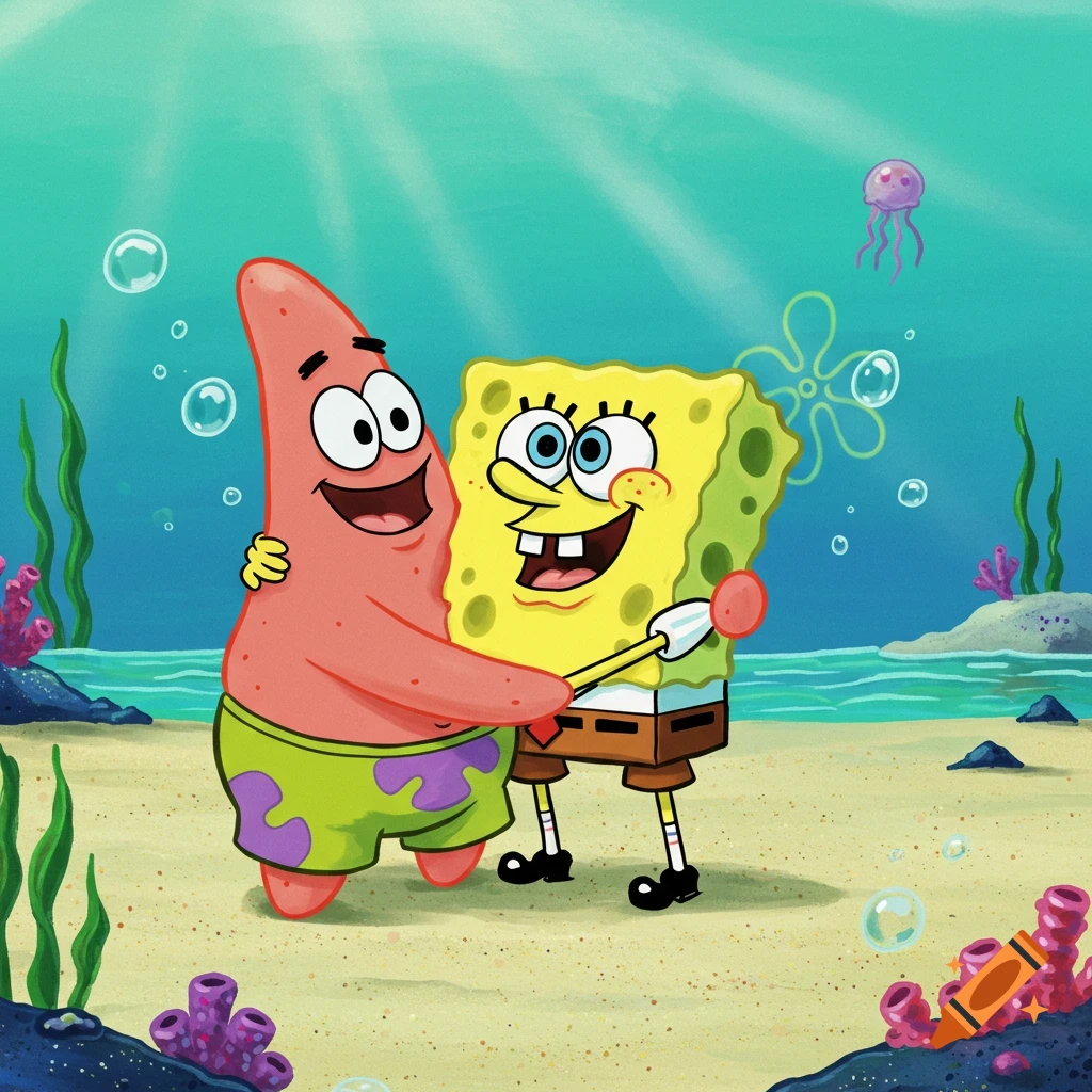 Patrick Star and SpongeBob SquarePants hug happily underwater. on Craiyon