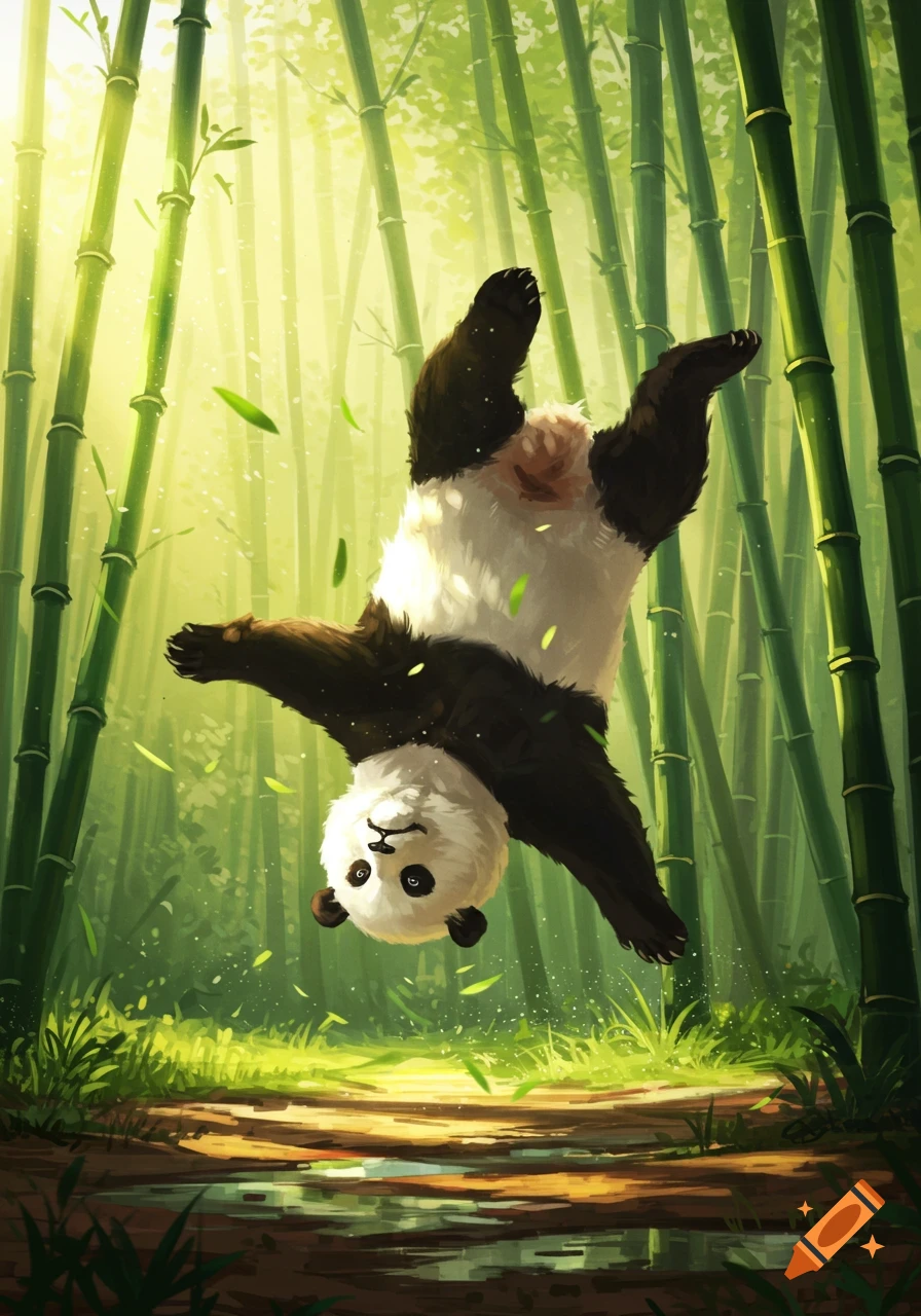 A cute cartoon panda doing a backflip in a bright green bamboo forest ...