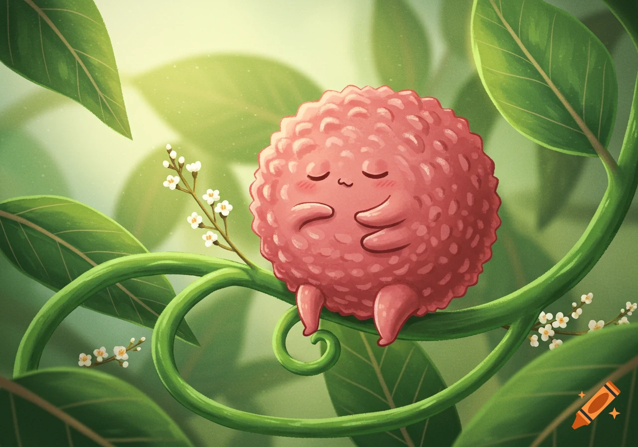 A cute, sleeping cartoon lychee fruit sits on a green vine amidst green ...