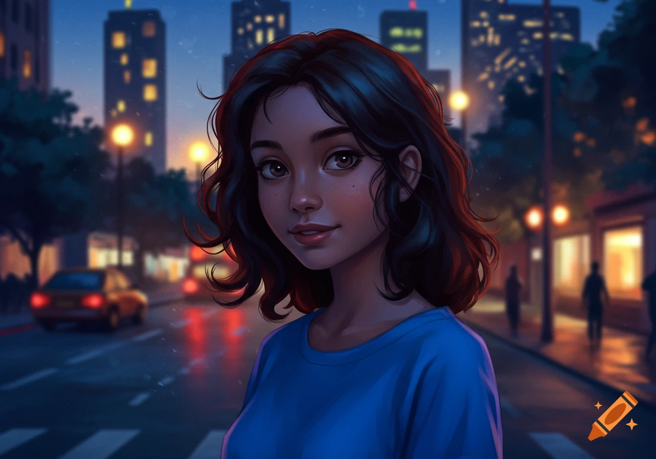Animated young woman with dark hair, teal sweater, and crossed arms ...