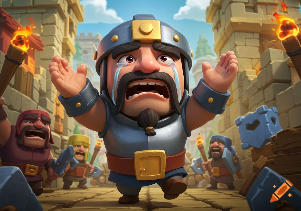 A cartoon knight in armor cries loudly with outstretched arms in front ...