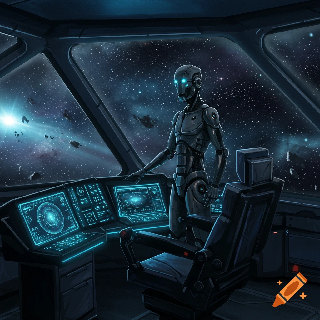 A robot stands in a spaceship cockpit, looking out at a starry night ...