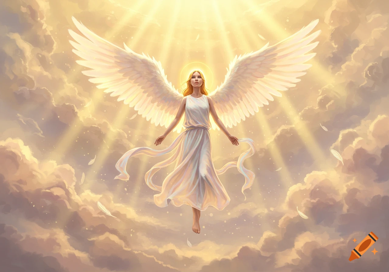 An angel with white wings and a gown floats in golden clouds with ...