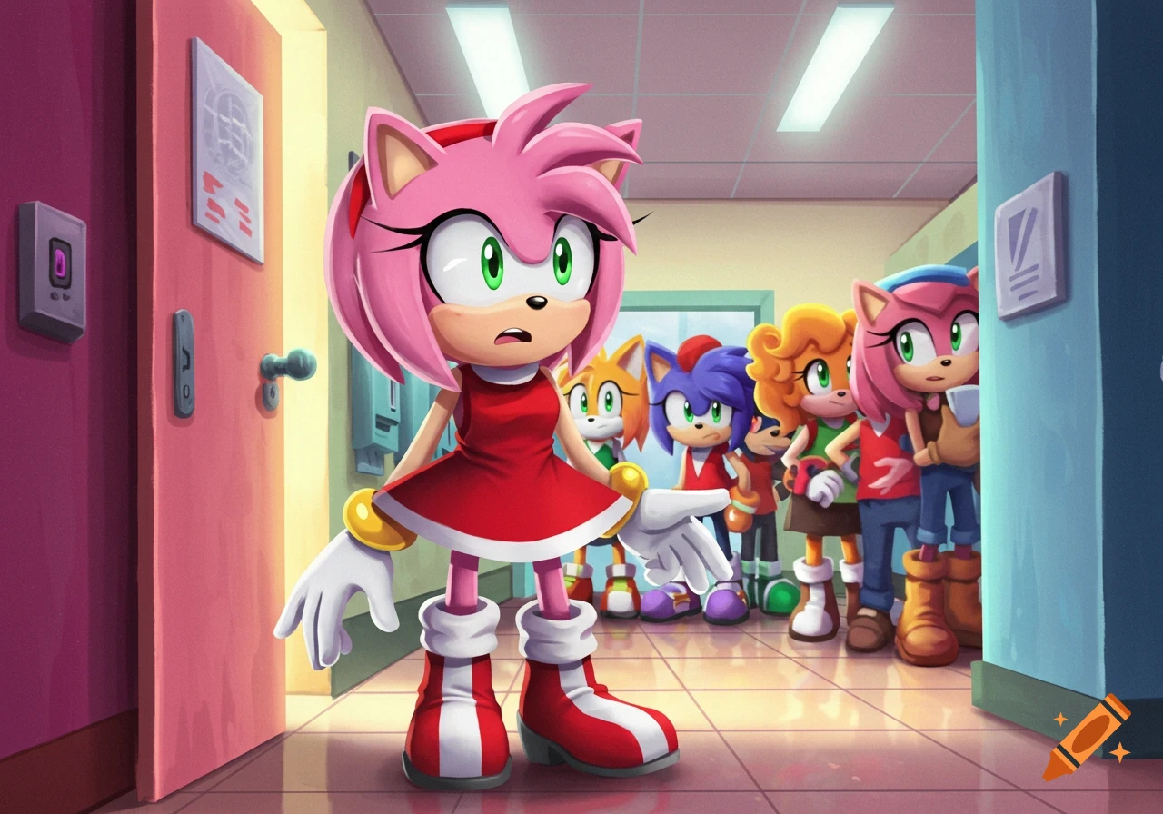 Amy Rose, with a concerned expression, stands in a brightly lit hallway ...