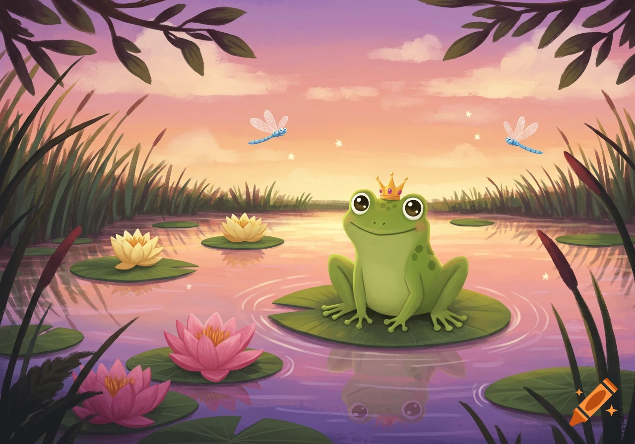 Two happy green cartoon frogs jump into a puddle in a grassy field with ...