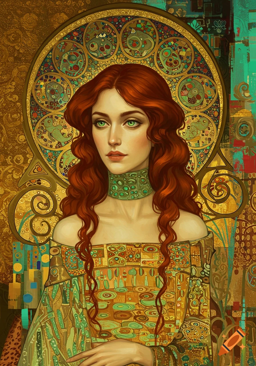 Art Nouveau portrait of a woman with red hair and green eyes, adorned ...