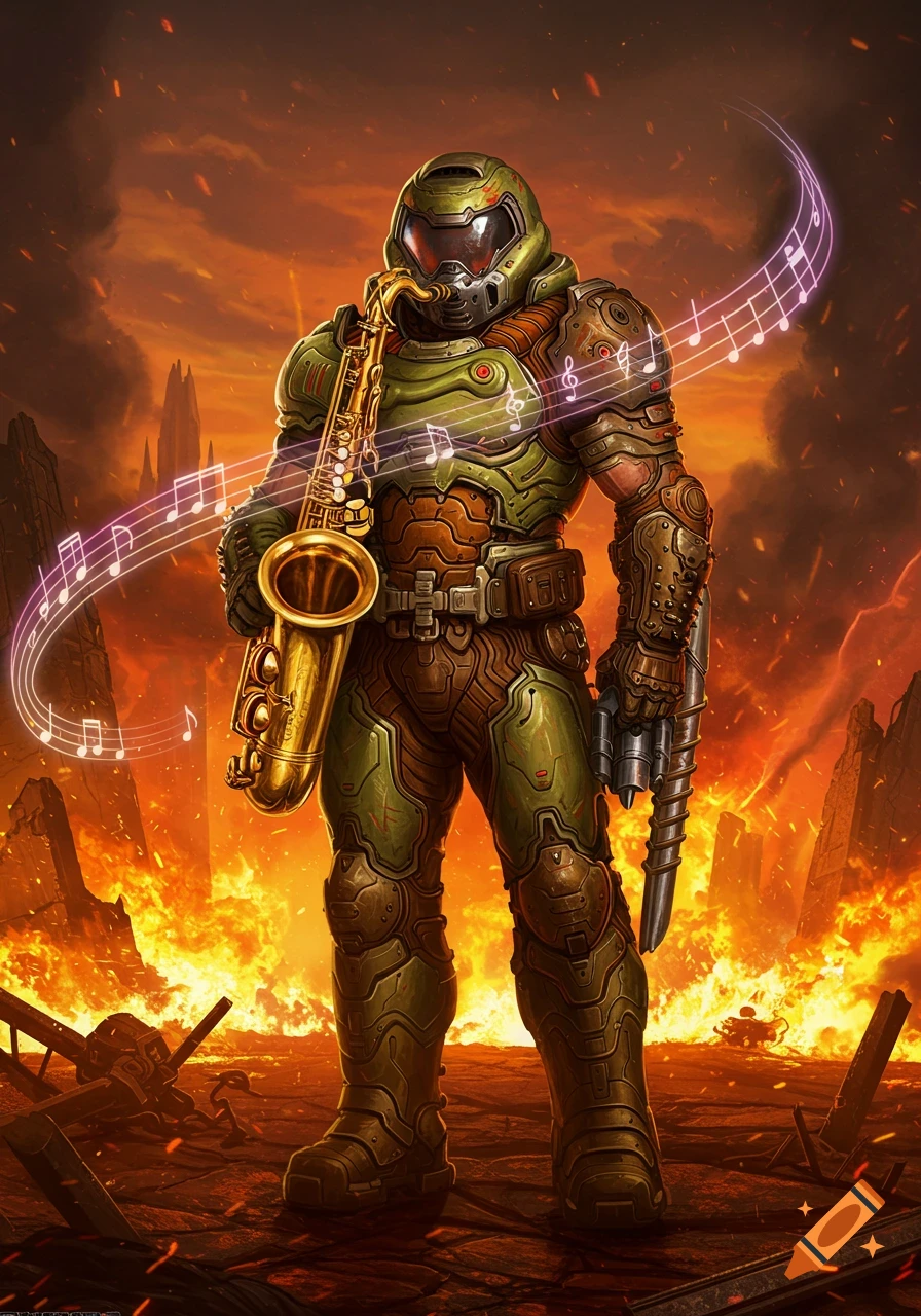 Doomguy in full green and brown armor plays a golden saxophone amidst a ...