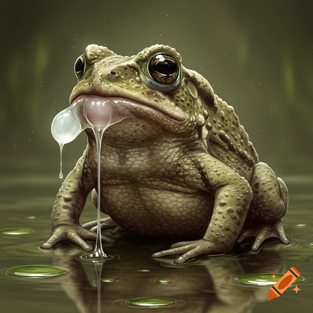 A hyperrealistic toad with large eyes sits in murky water, with long ...