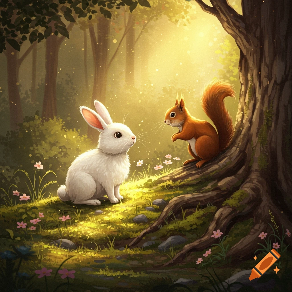 Illustration of a mother squirrel with five baby squirrels cuddling in ...