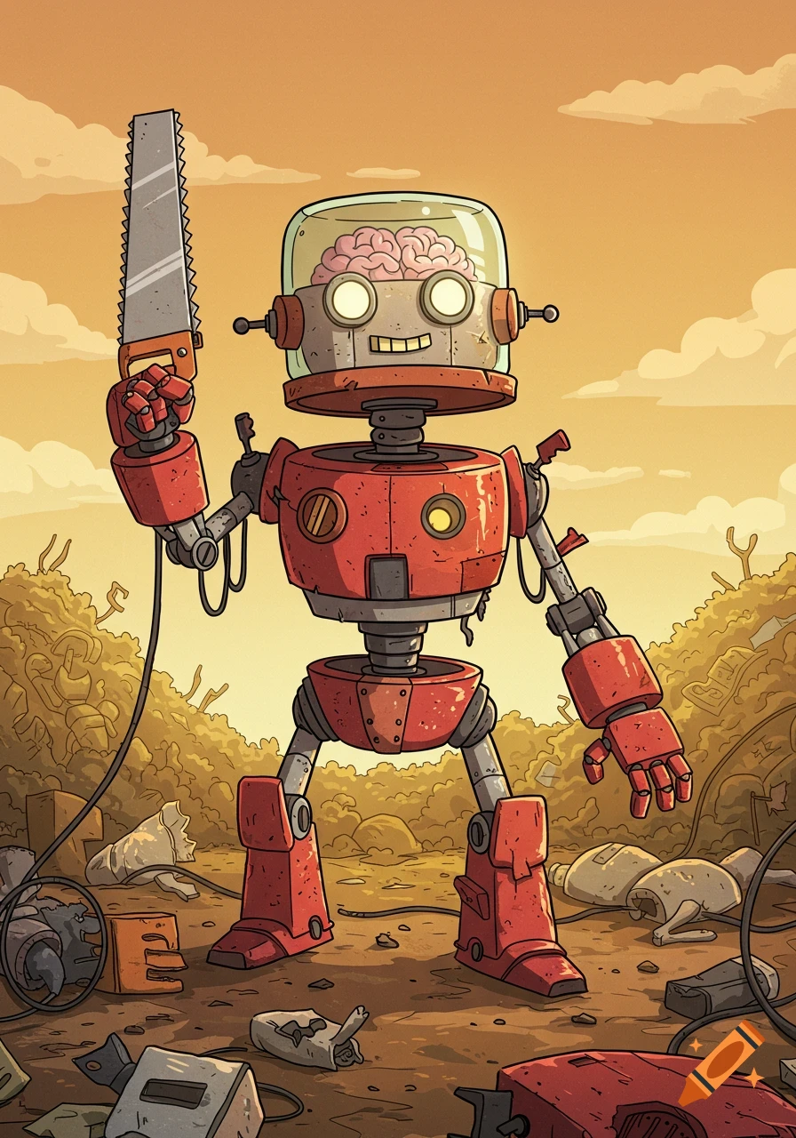 A cartoon illustration of a large monster robot made of rusty car parts ...