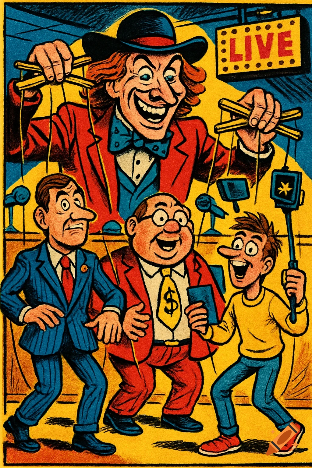 A vibrant 1980s French comic illustration of a grinning puppeteer ...