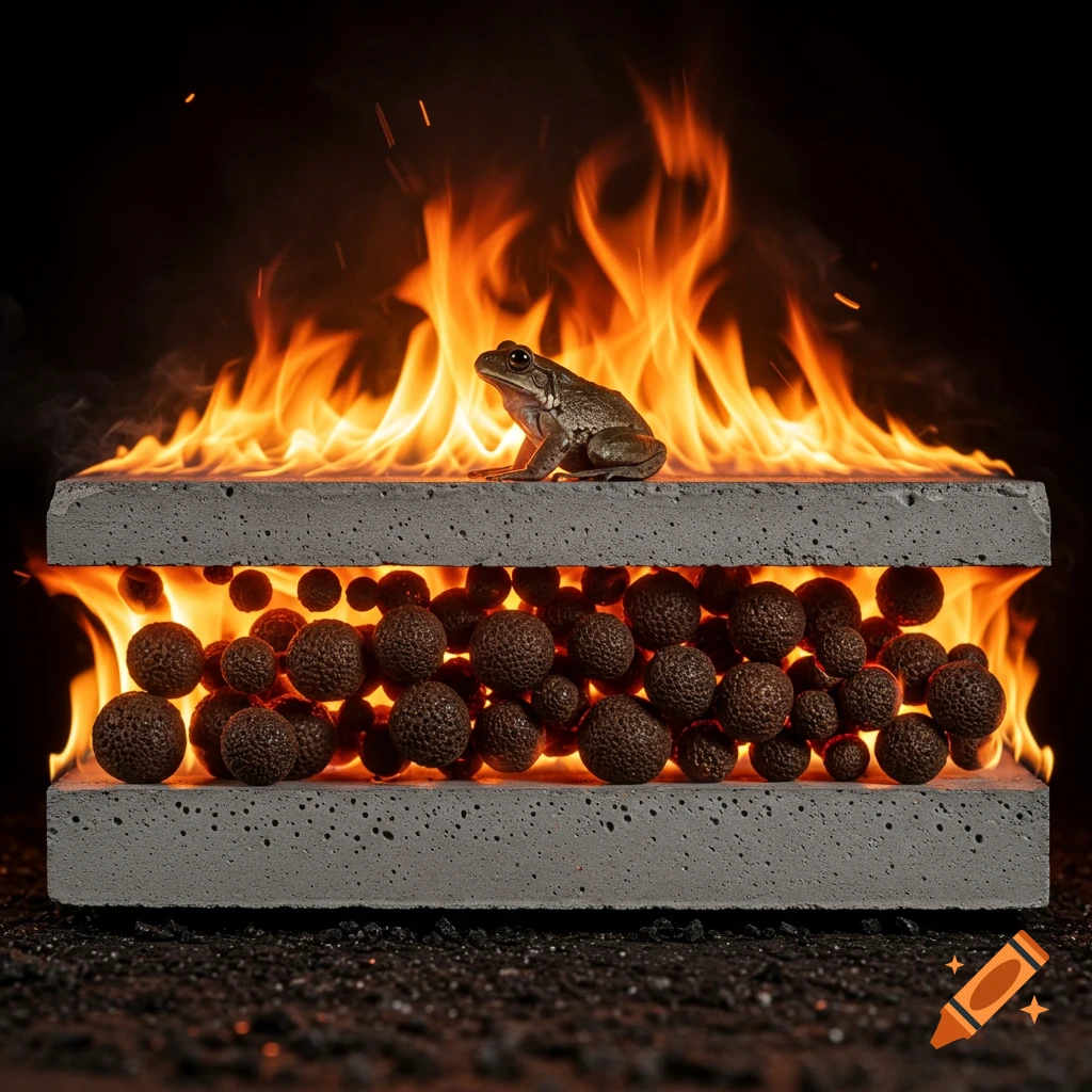 Photorealistic image of a frog on a concrete slab, with intense fire ...