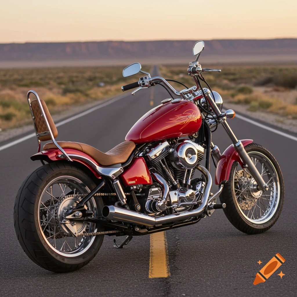 A red chopper motorcycle with tan seats parked on a desert road under a ...