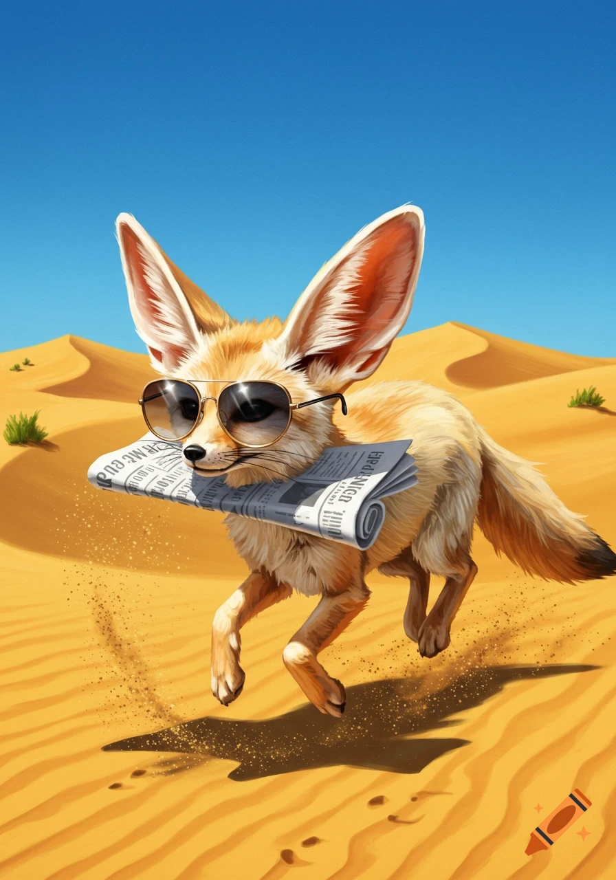 An illustrated fennec fox wearing sunglasses runs through a sunny ...