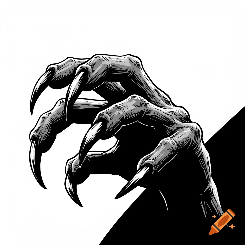 Black and white drawing of a hand with long sharp claws on Craiyon
