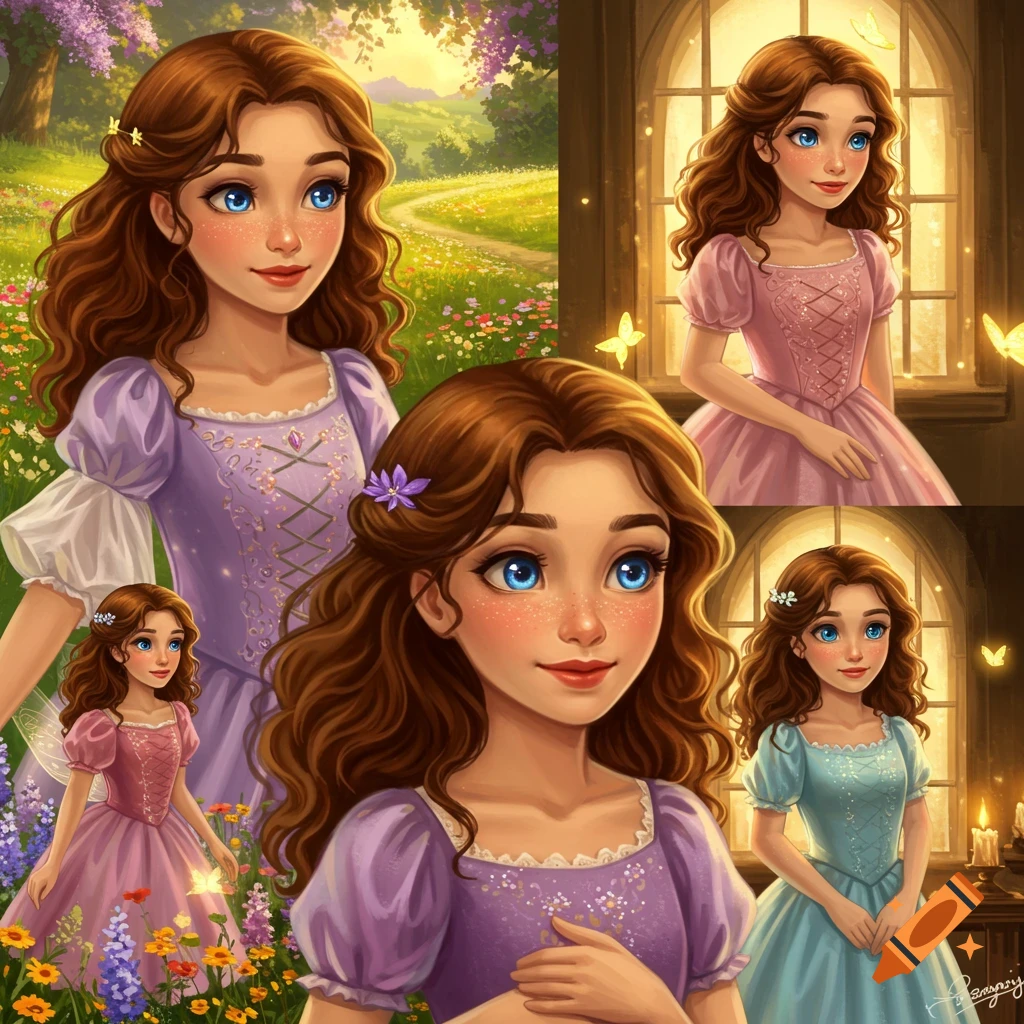 Illustrated princess with brown curly hair and blue eyes, depicted in a ...