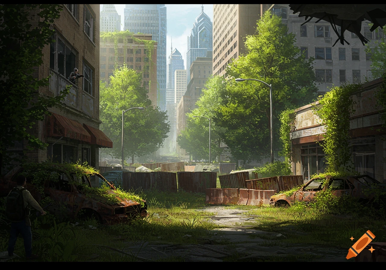 Digital painting of a post-apocalyptic city in Philadelphia, overgrown ...