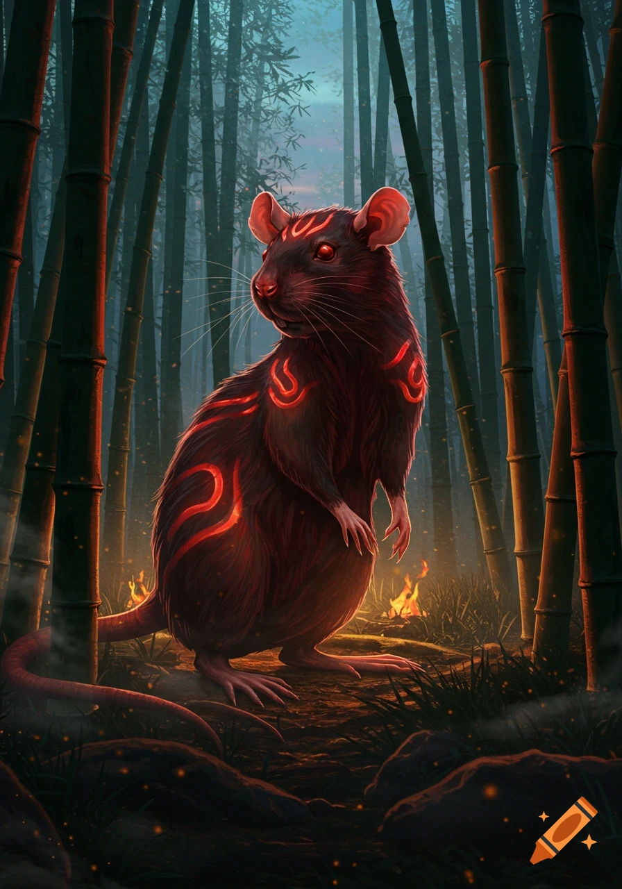 A dark rat-like creature with glowing red eyes and swirling red ...