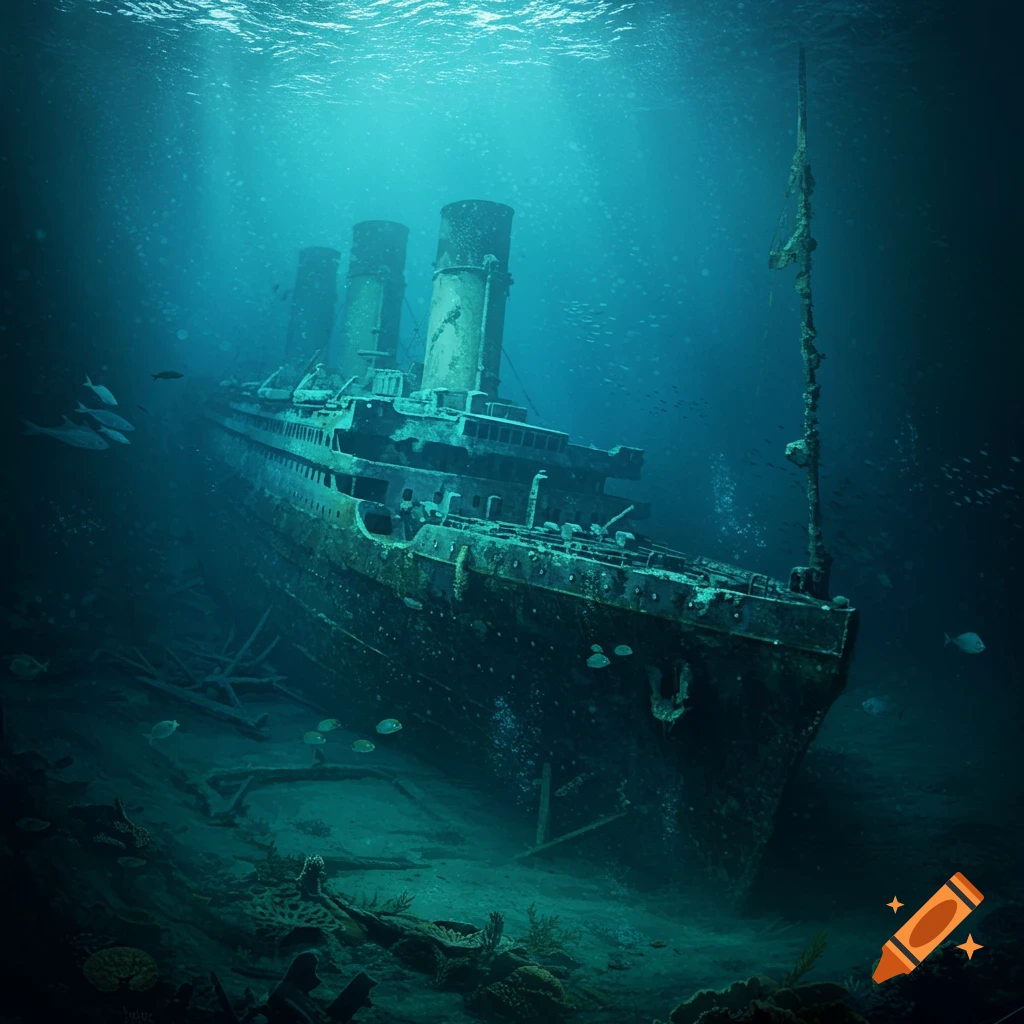 The dark, decaying shipwreck of the Titanic rests on the ocean floor ...