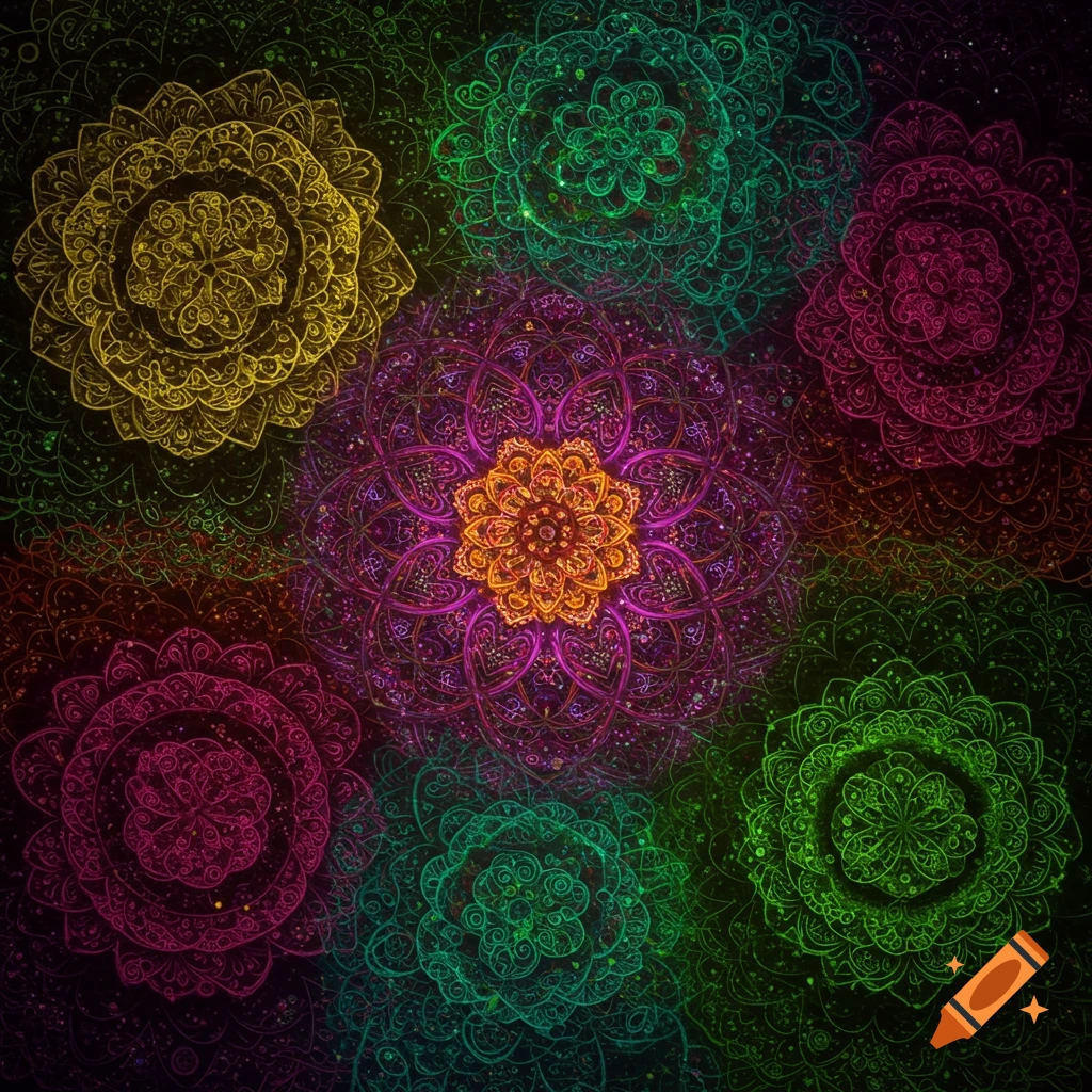 Colorful, intricate mandalas in various sizes and colors on a dark ...