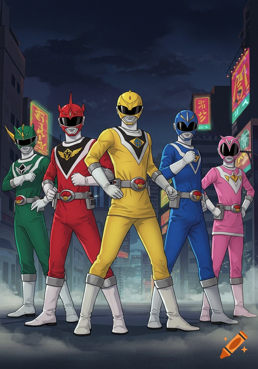 Five superheroes in green, red, yellow, blue, and pink suits stand ...