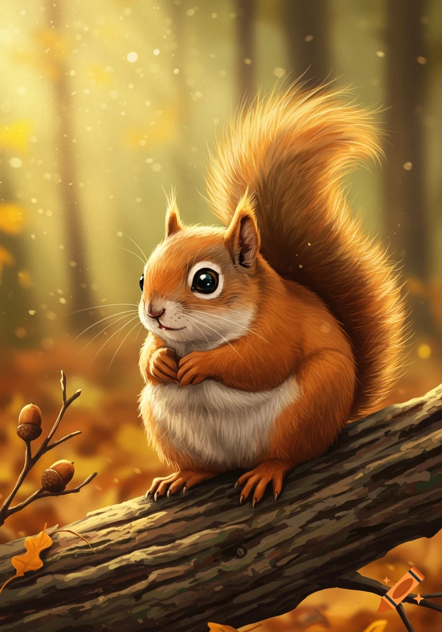 A fluffy red squirrel sits on a log in an autumn forest with falling ...