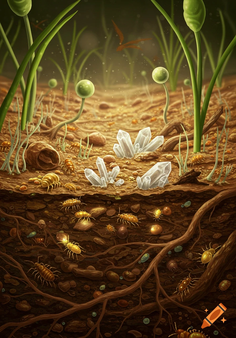 A detailed cross-section of soil showing roots, various insects, soil ...